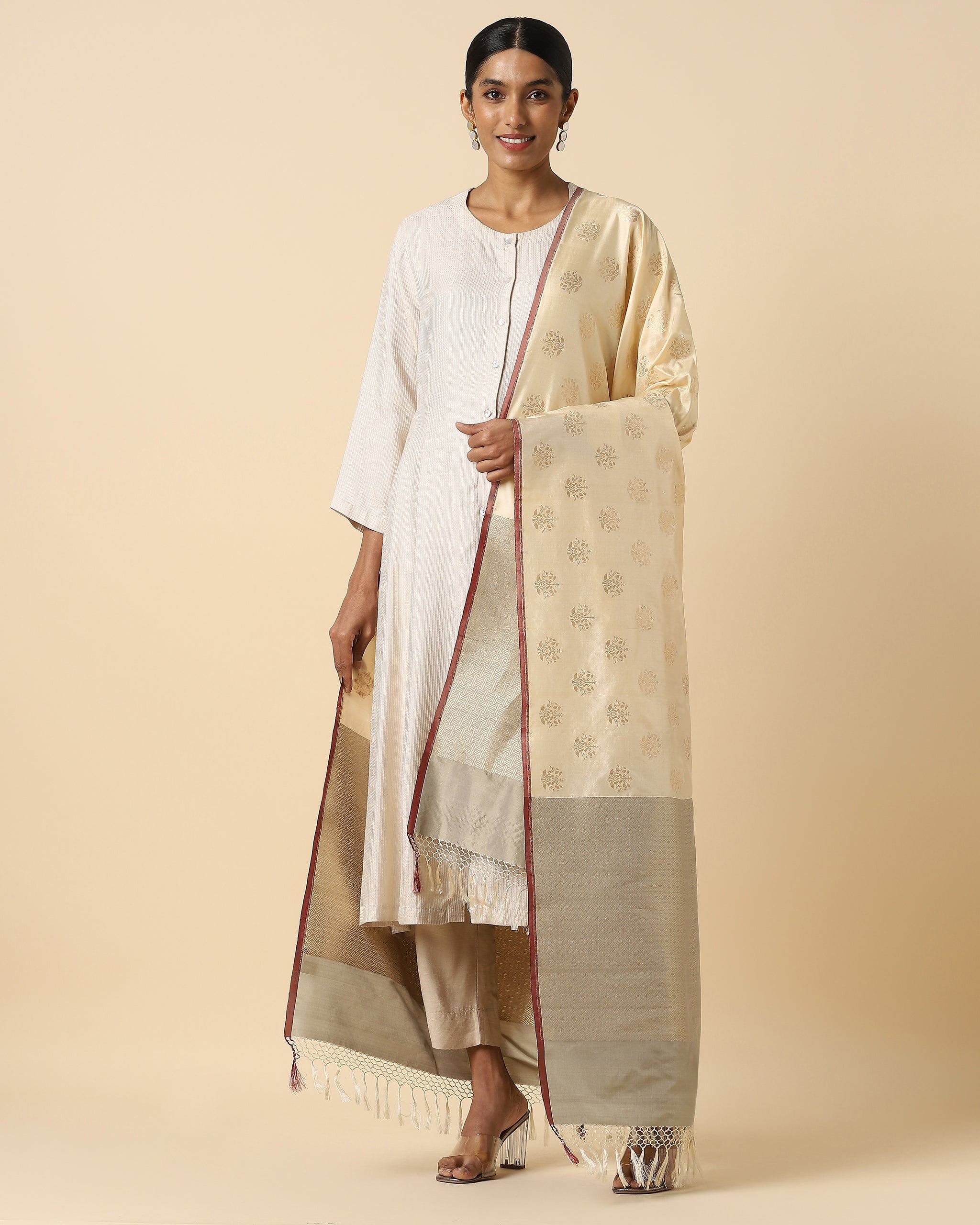 Kanvi Cutwork Silk Dupatta - Light Brown