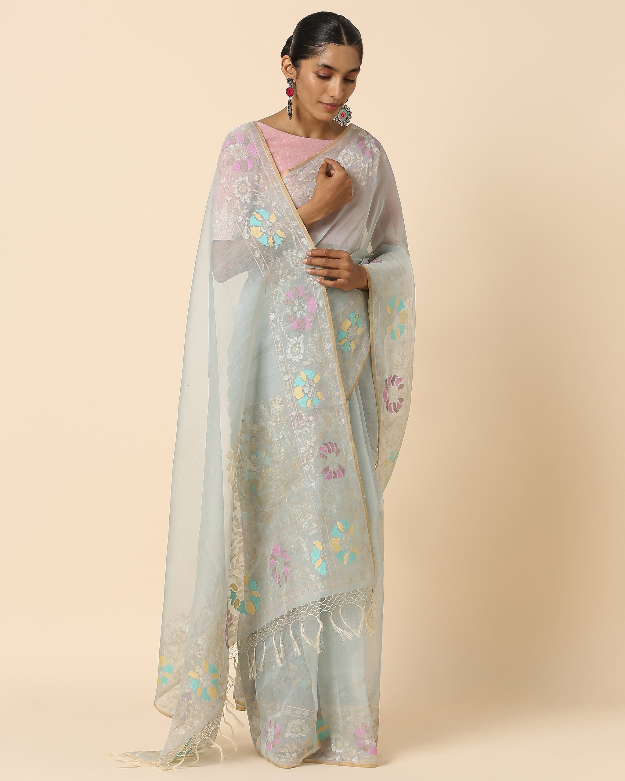 Vrinda Banarasi Jamdani Silk Cotton Saree - Medium Blue