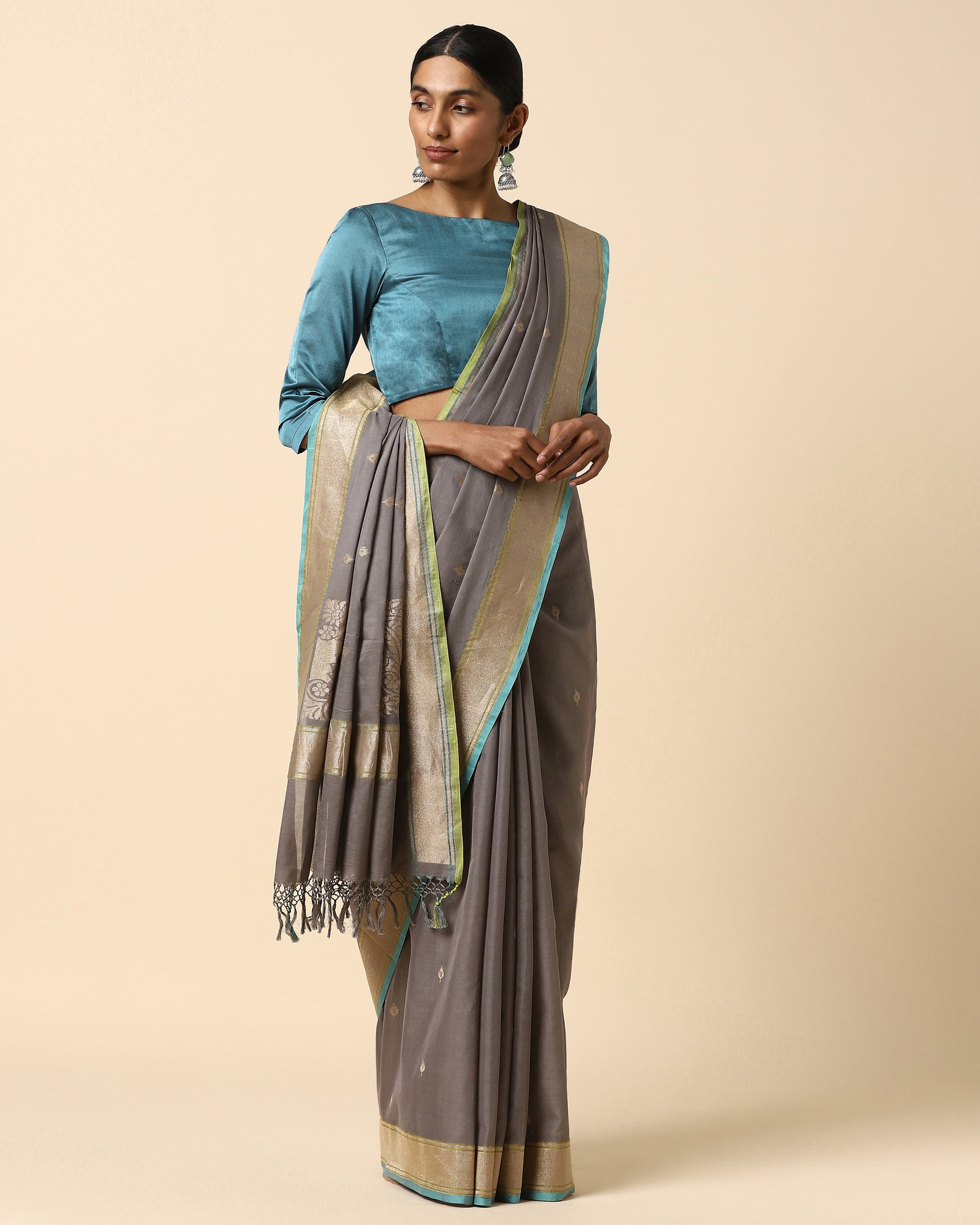 Order Divisha Banarasi Medium Grey Cotton Saree | Aadyam
