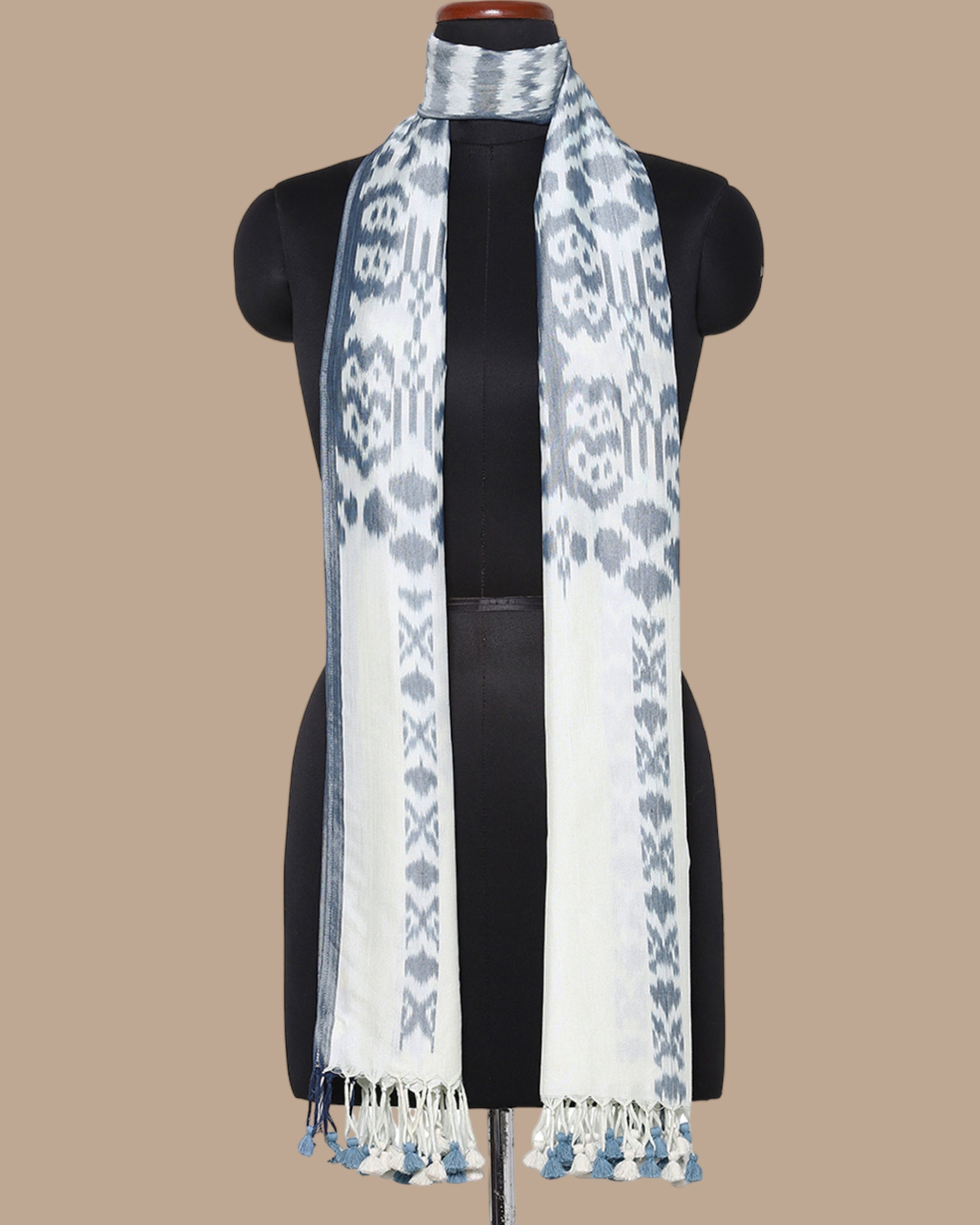 Oma Warp Ikat Cotton Silk Stole - Light White