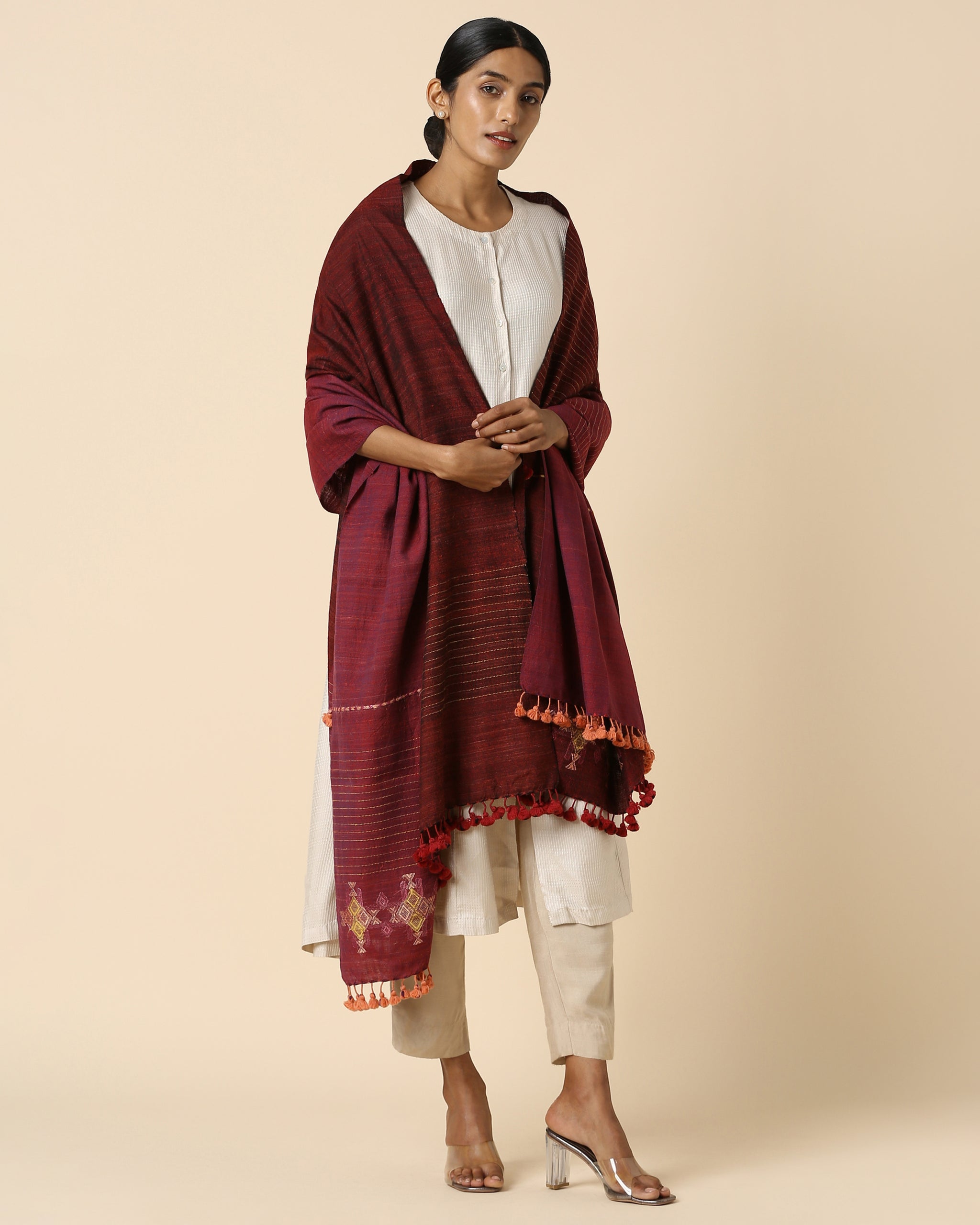 Unnati Extra Weft Wool Silk Shawl - Dark Red