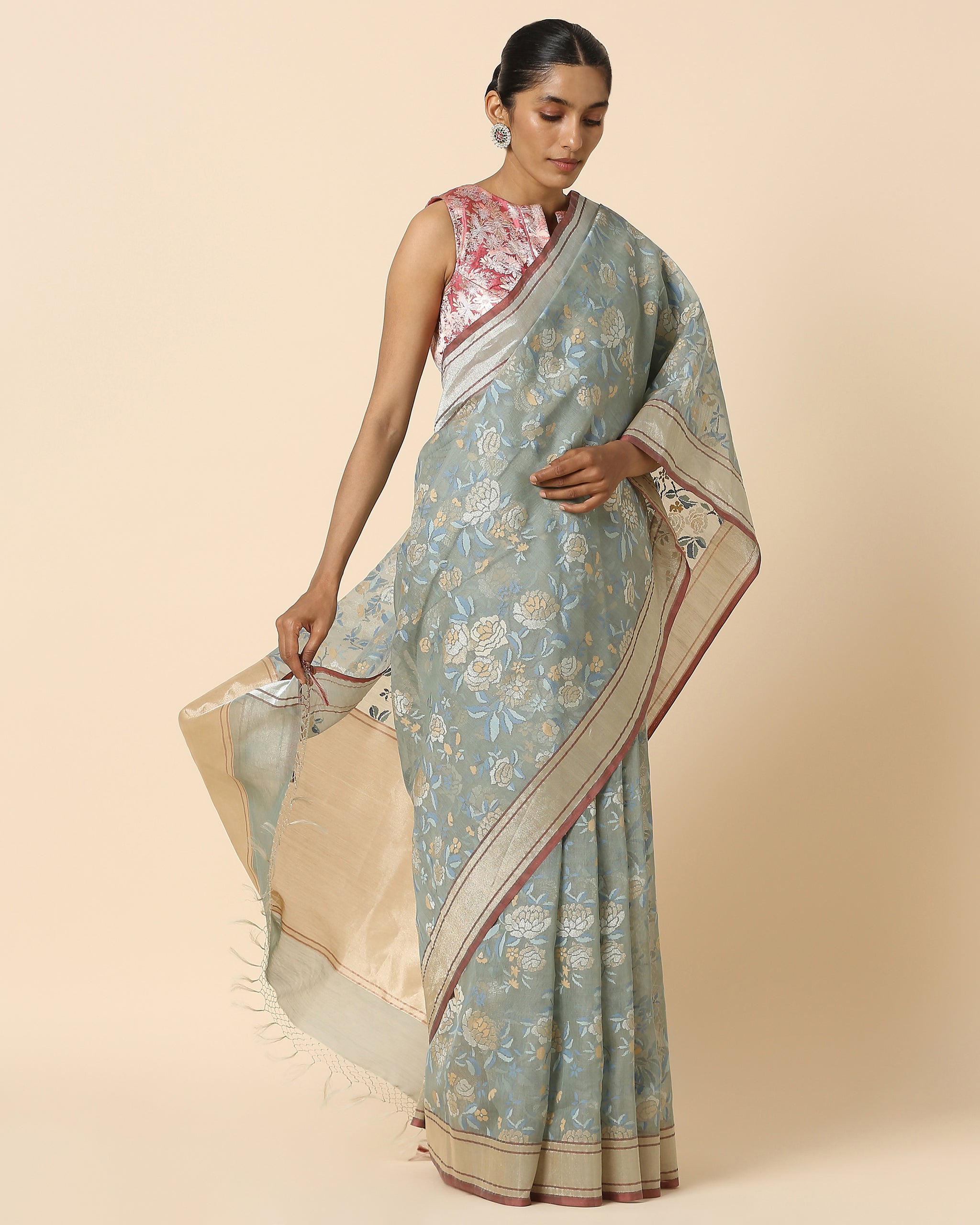 Oeshi Banarasi Jamdani Silk Cotton Saree - Light Green