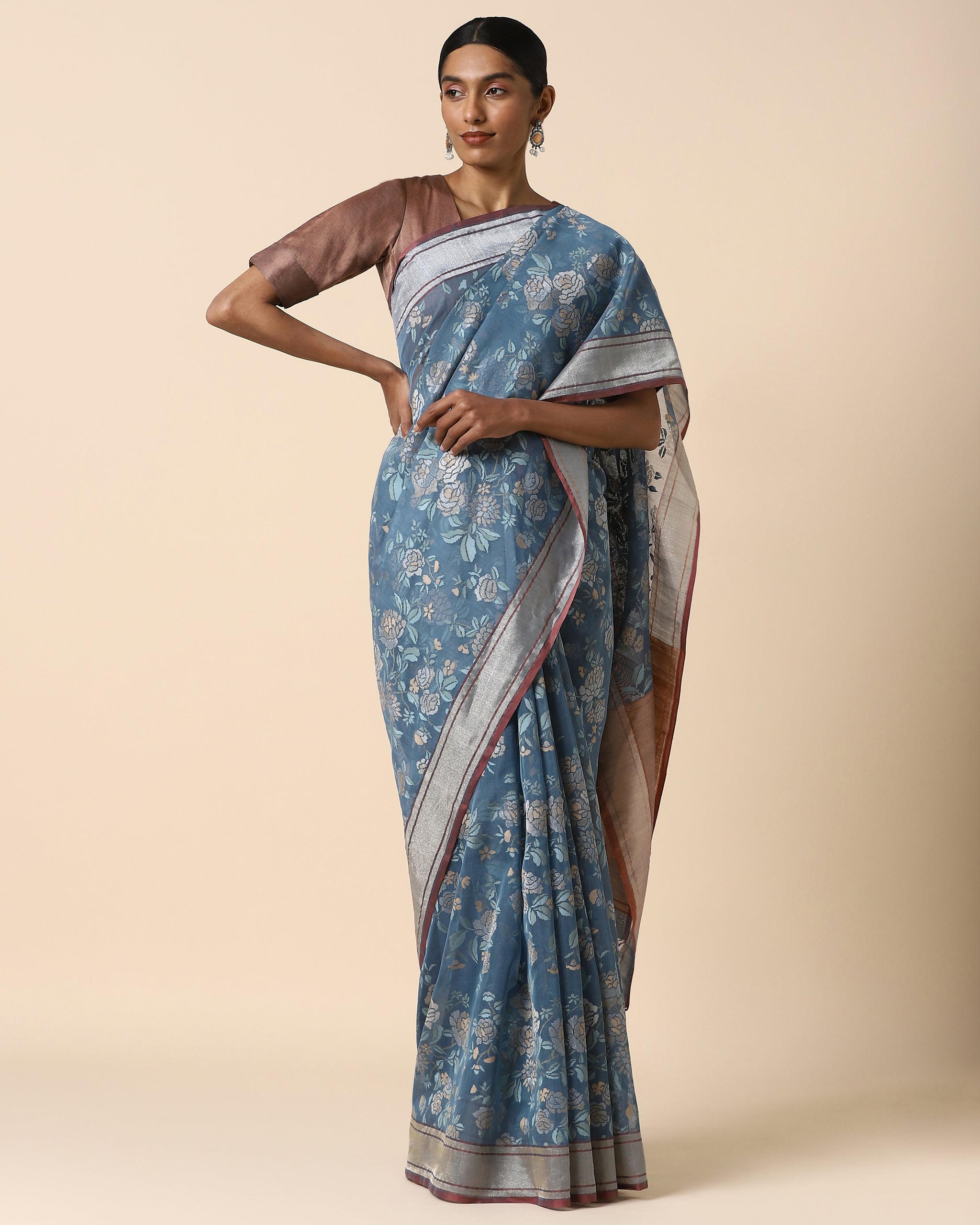Oeshi Jamdani Silk Cotton Saree - Medium Blue