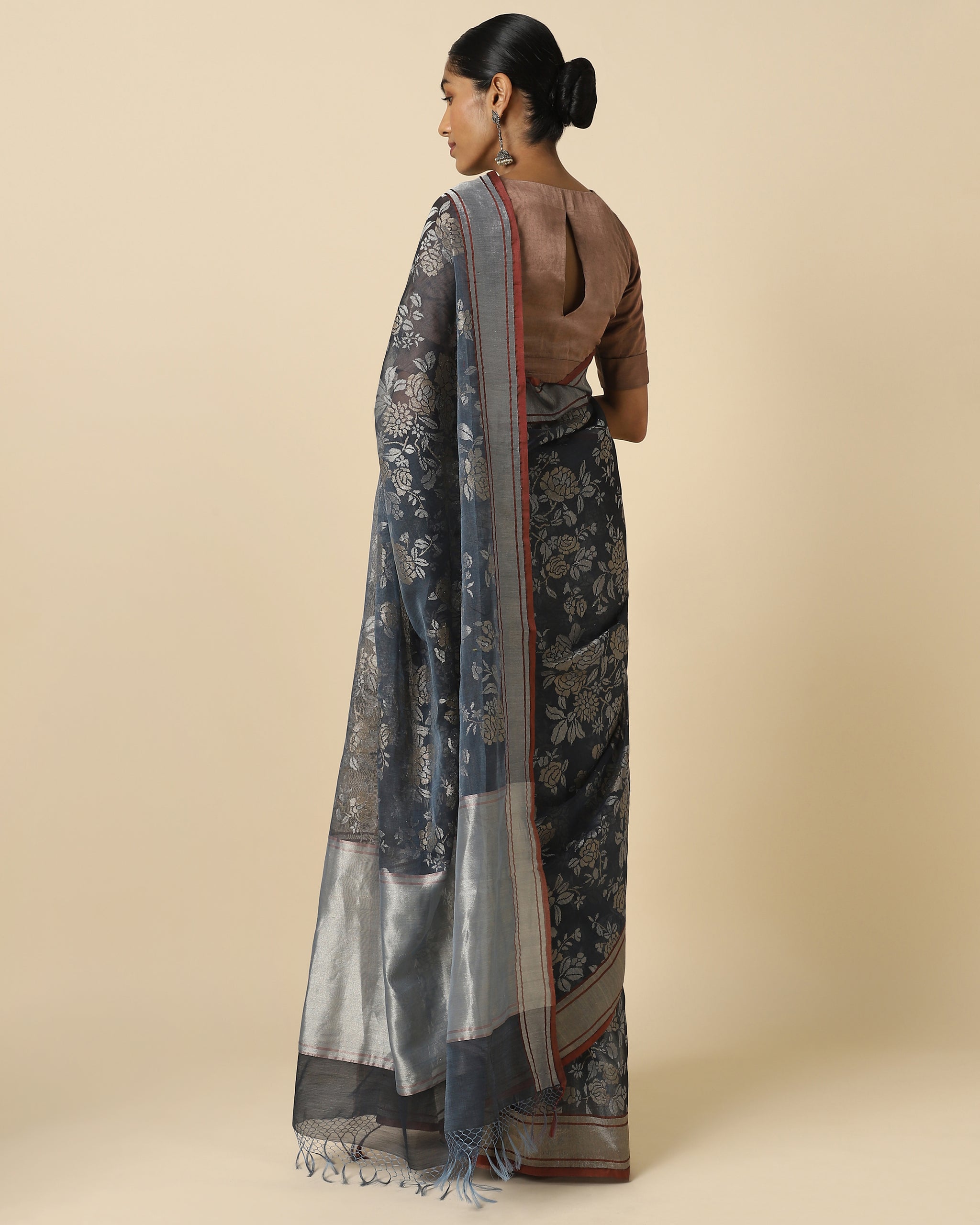 Oeshi Jamdani Silk Cotton Saree - Dark Blue
