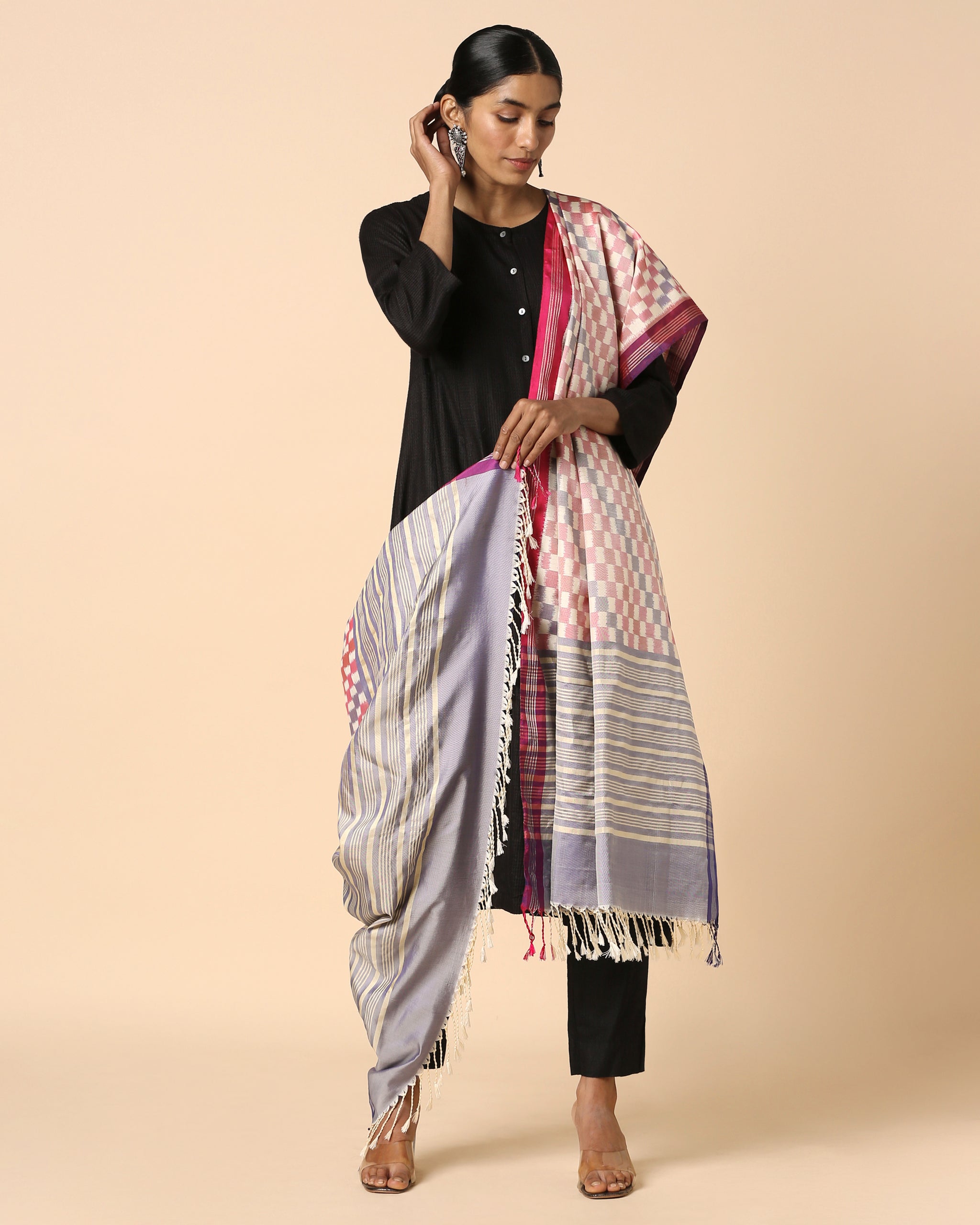 Shop Aayana Pochampally Weft Ikat Dark Assorted Silk Dupatta | Aadyam