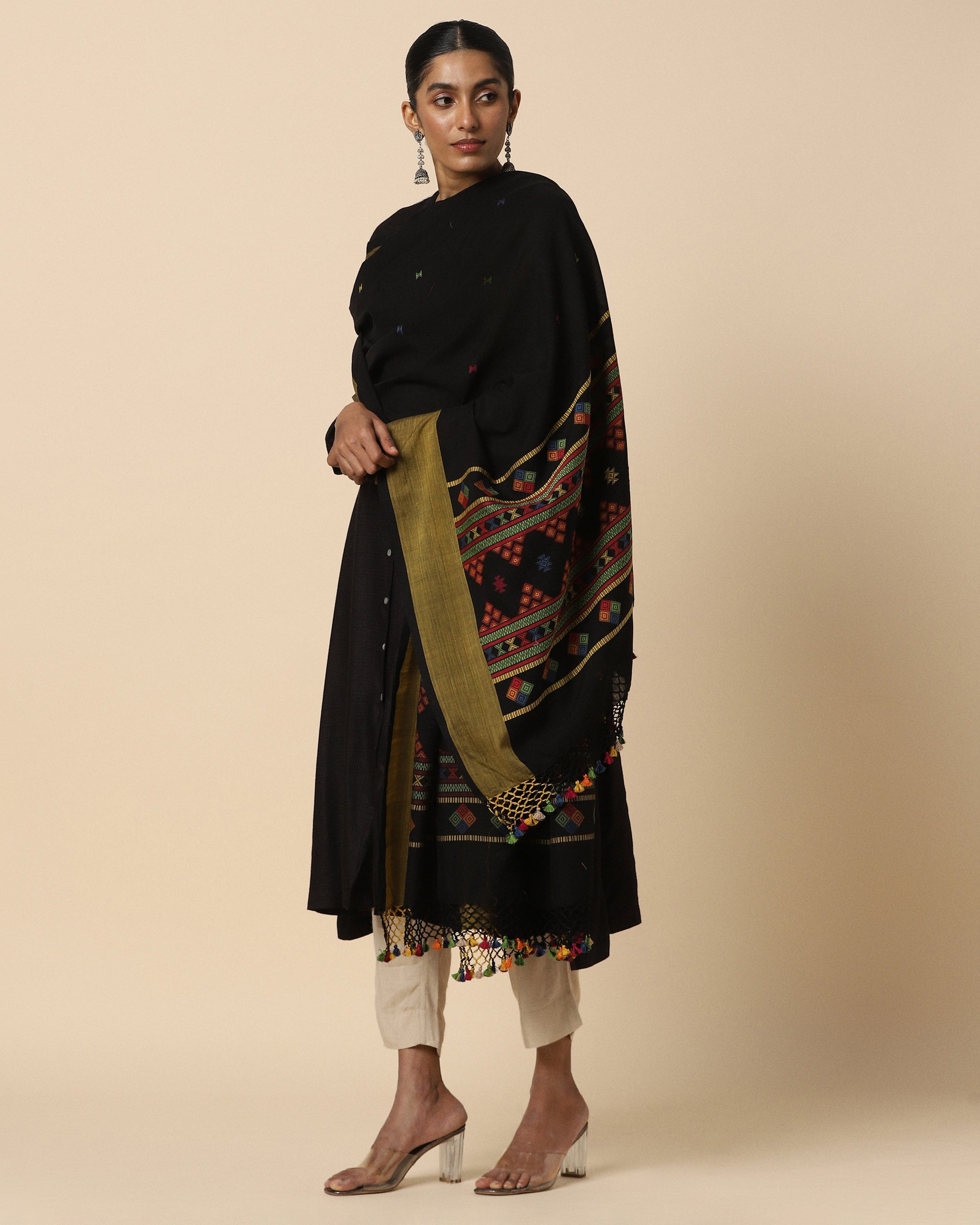 Kassia Bhuj Extra Weft Cotton Dupatta - Dark Black