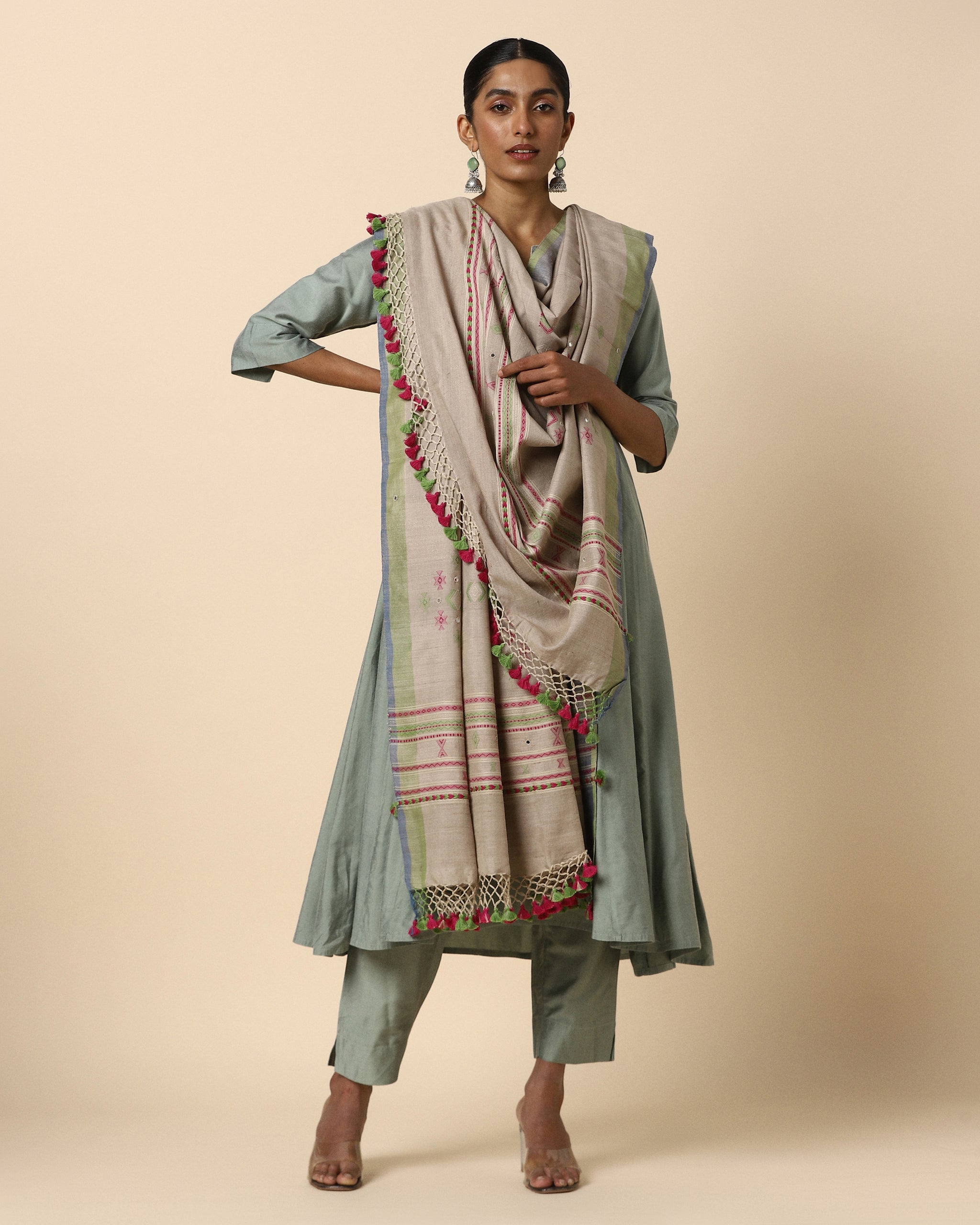 Dakshi Bhuj Extra Weft Cotton Silk Dupatta - Medium Beige