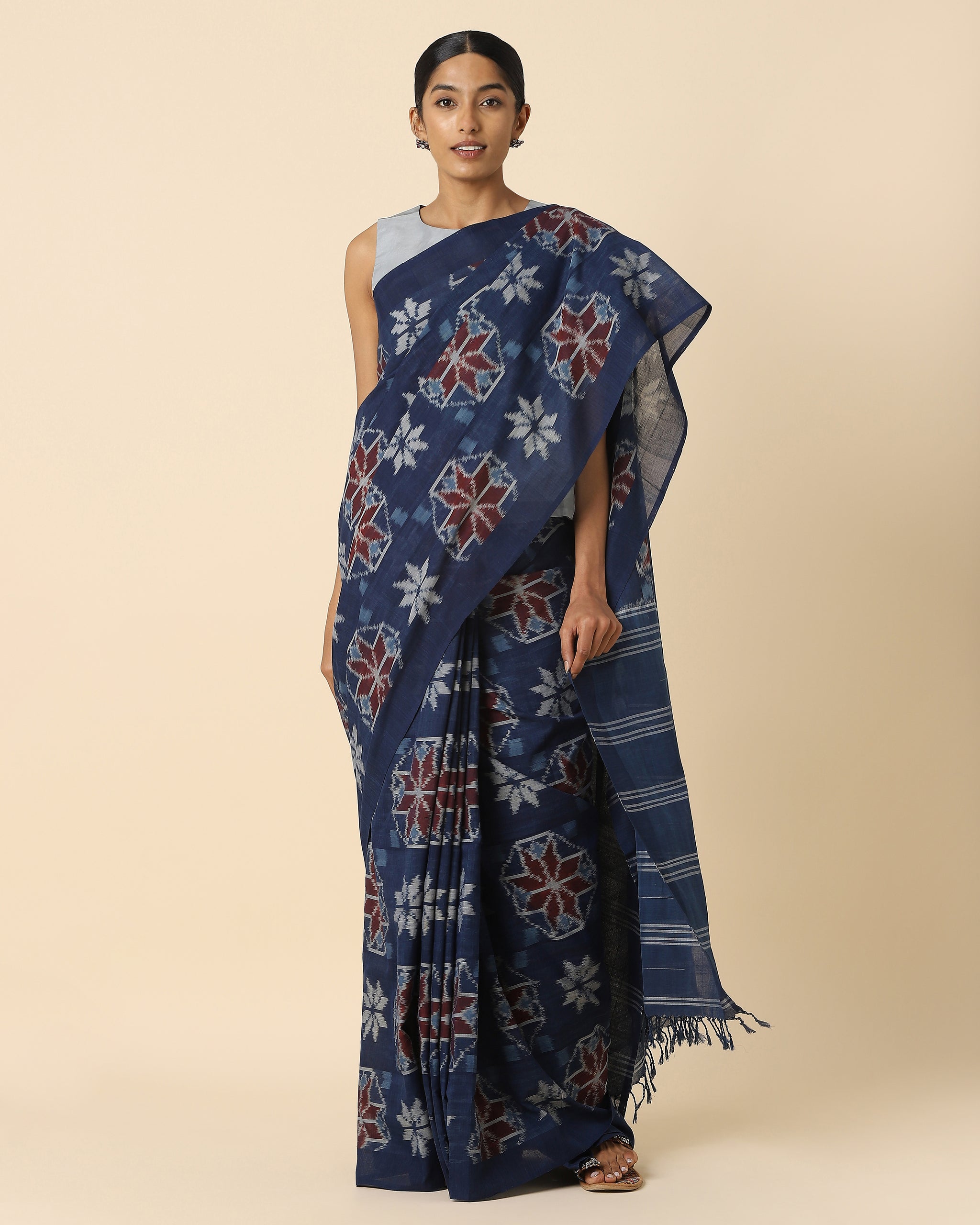 Neelabh Warp Ikat Cotton Saree - Dark Blue