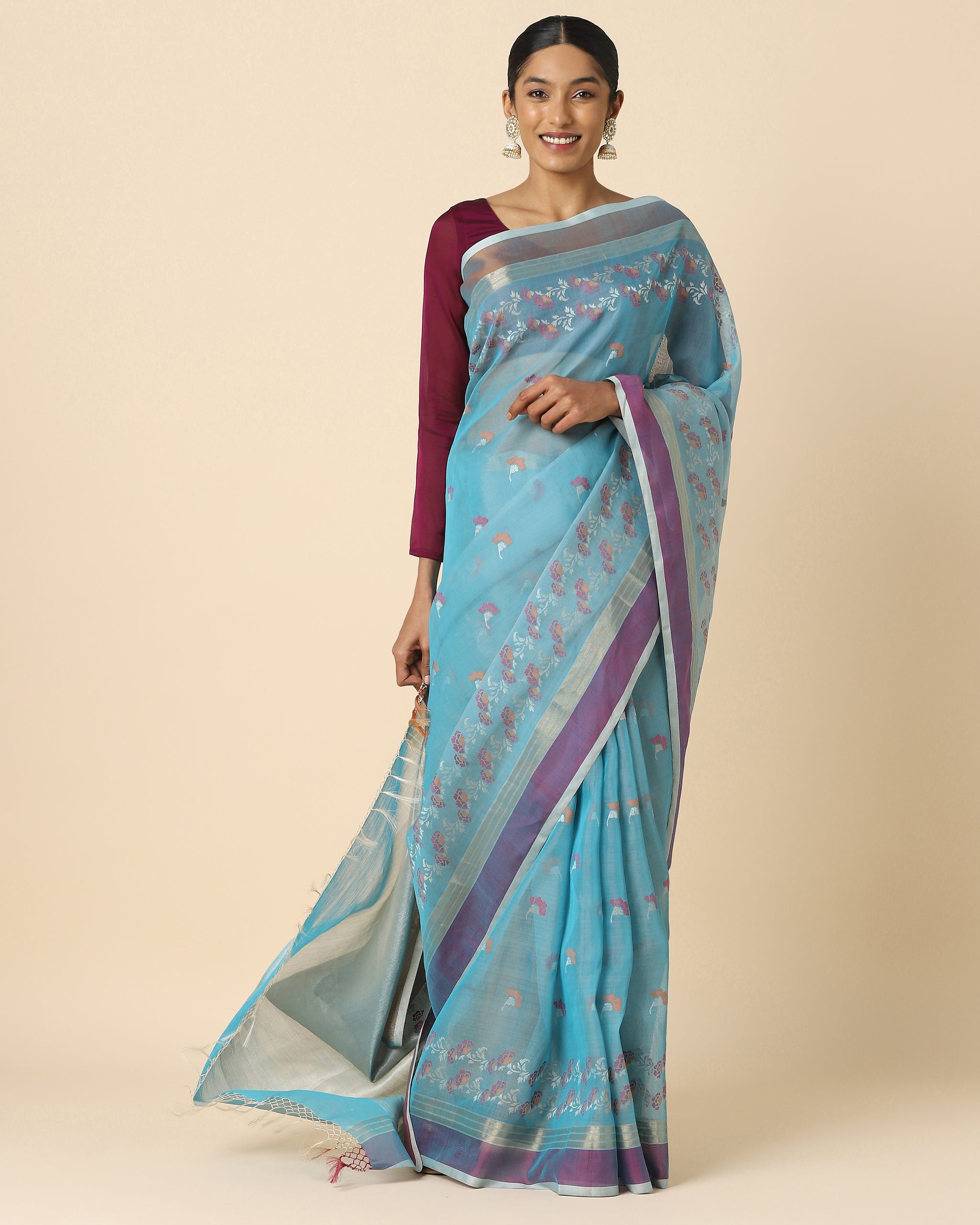 Meilo Jamdani Silk Cotton Saree - Light Blue