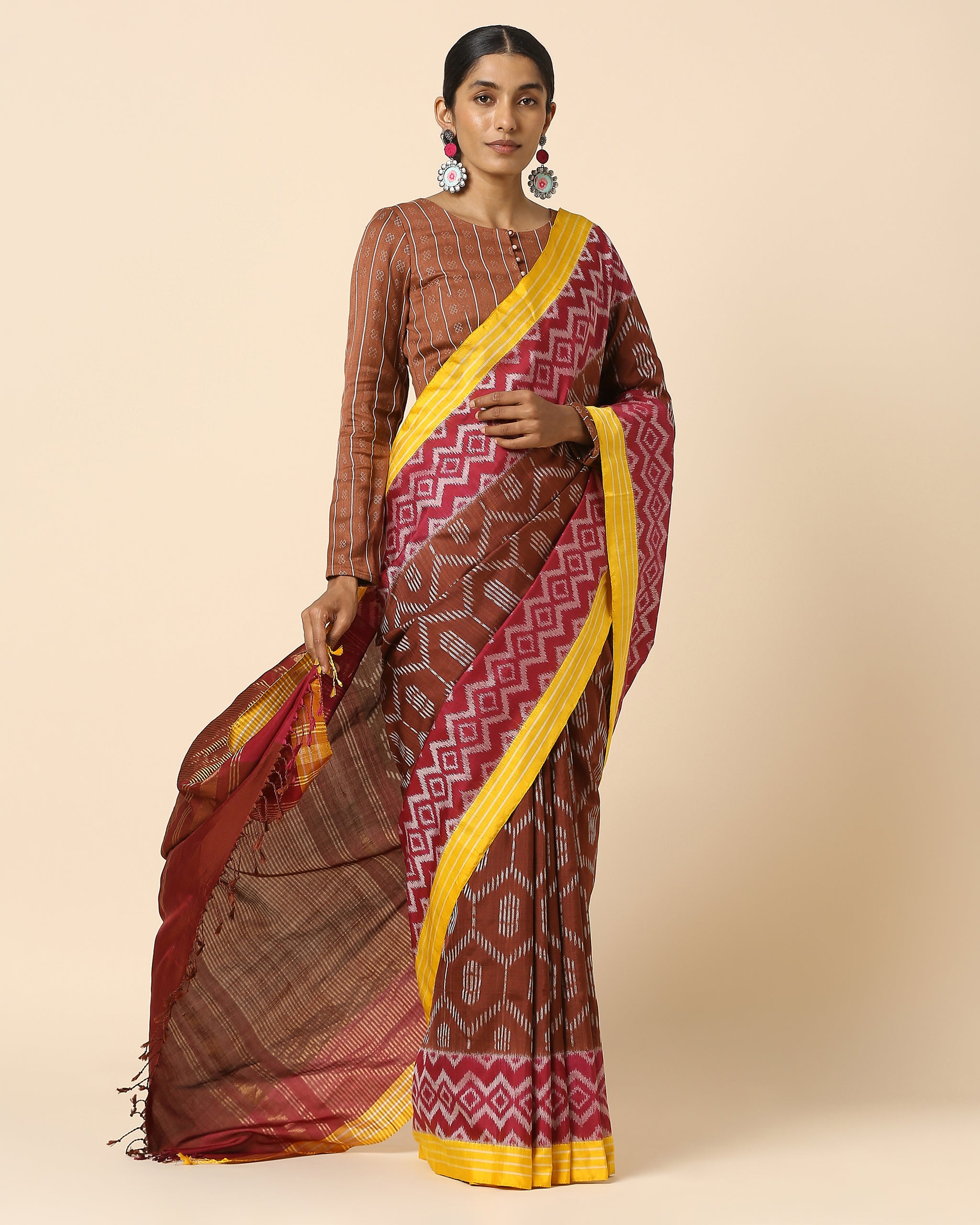 Shop Rahi Pochampally Dark Brown Silk Saree | Aadyam