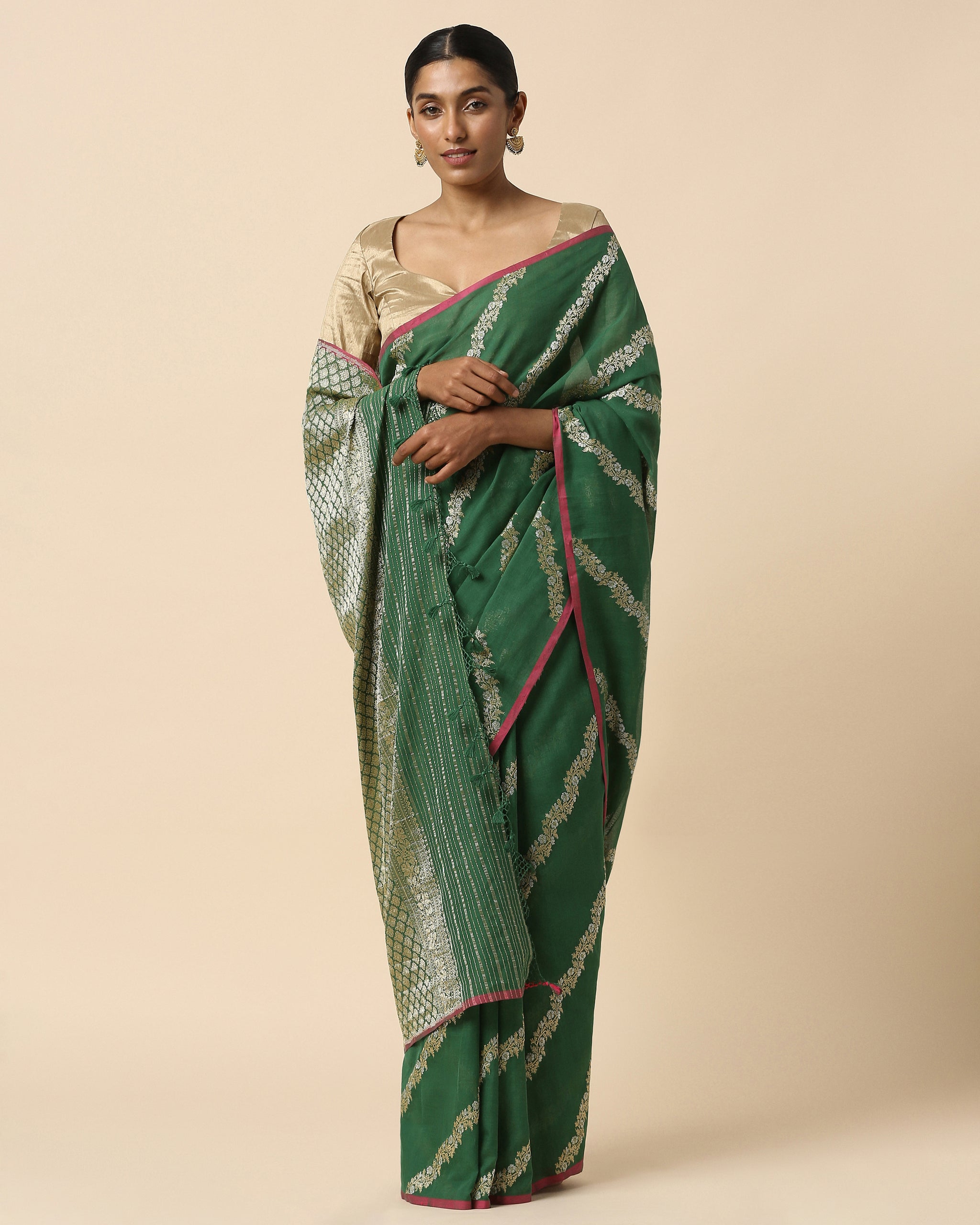 Shop Heru Banarasi Dark Green Cotton Saree | Aadyam